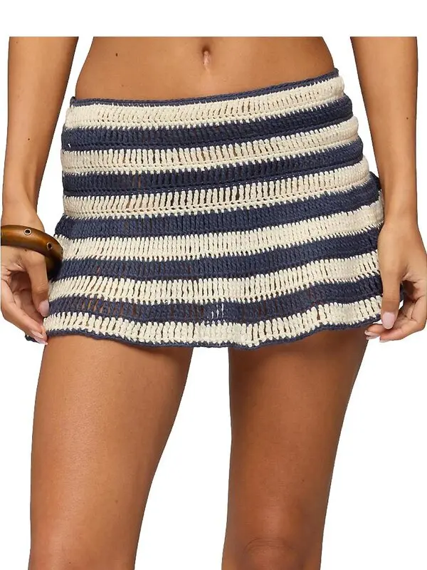 EDIKTED Alycia Striped Crochet Mini Skirt - Navy-and-cream