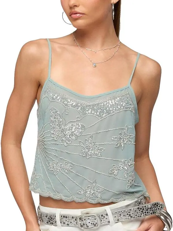 EDIKTED Bead & Sequin Chiffon Tank Top - Sage