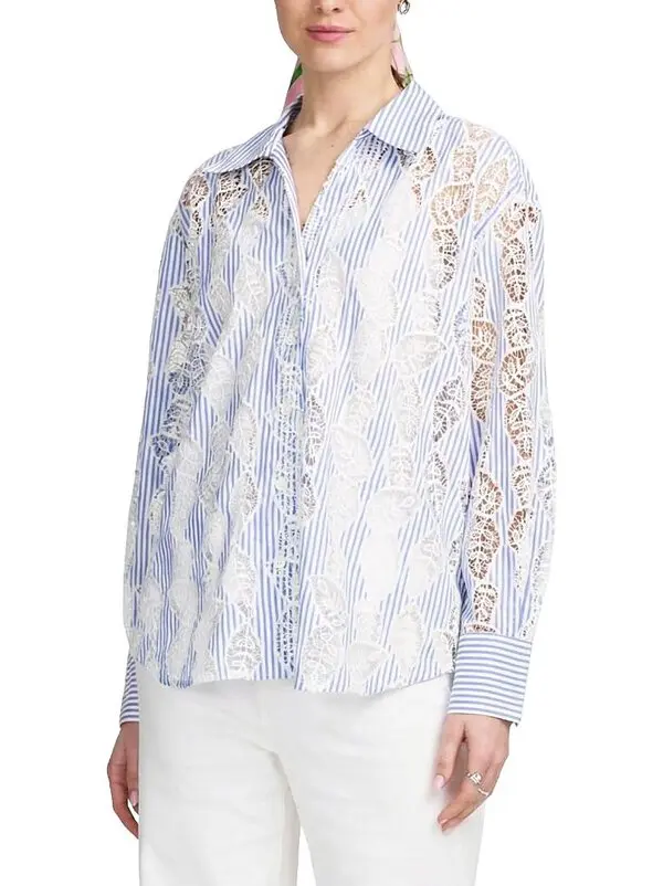 ELLE COLLECTION Lace Striped Shirt - Blue White