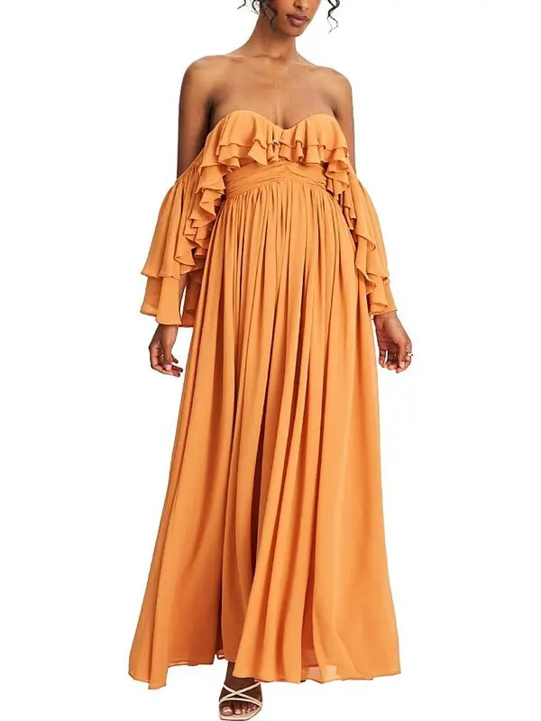 MISS CIRCLE Kaela Off Shoulder Chiffon Maxi Dress - Brick