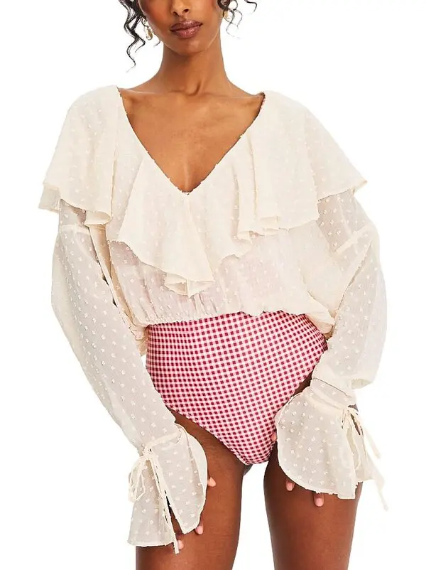 MISS CIRCLE Magali Dotted Mesh Ruffle V-collar Top - Beige