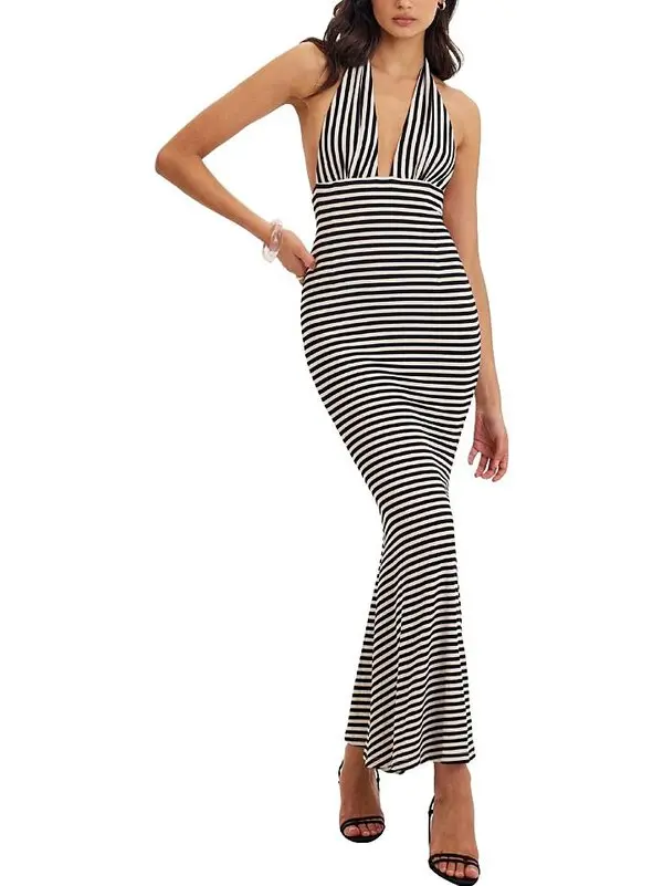 MISS CIRCLE Lyocell Jersey Striped Mermaid Maxi Dress - Black Almond