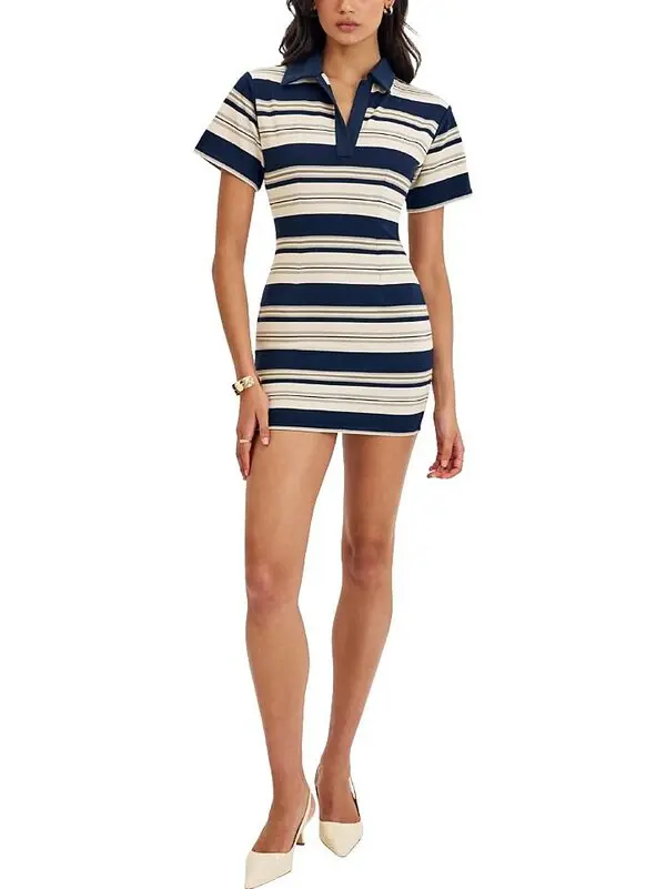 MISS CIRCLE Pique Cotton Striped Collared Mini Dress - Navy Ivory
