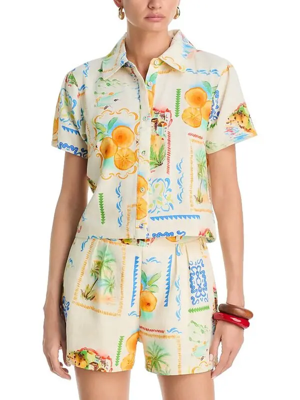 Aqua Postcard Printed Short Sleeve Shirt - White Multi