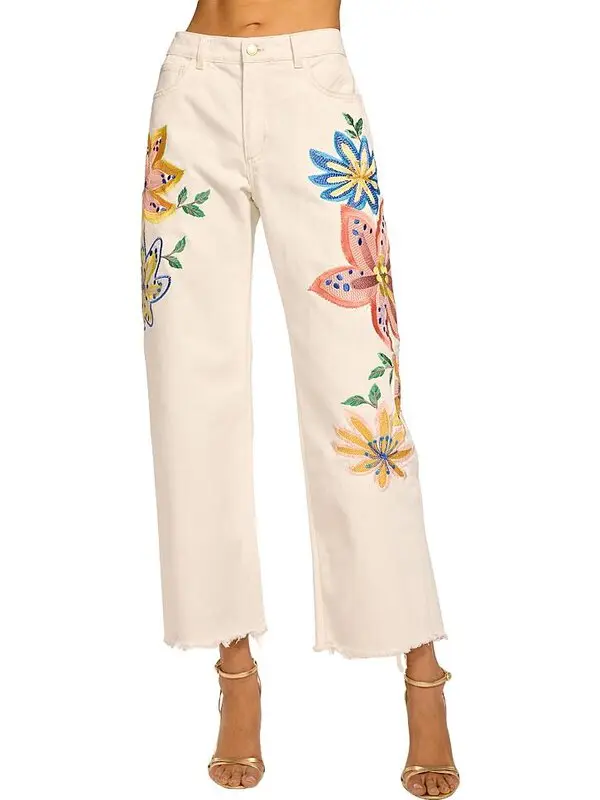 Ramy Brook Amber Embroidered High Rise Ankle Jeans - White Embroidered