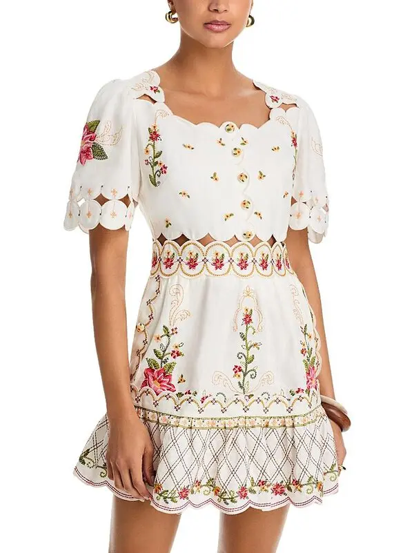 Farm Rio Floral Embroidered Mini Dress - Off-white