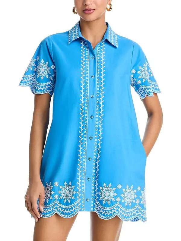 French Connection Alissa Embroidered Mini Shirt Dress - Poolside Blue