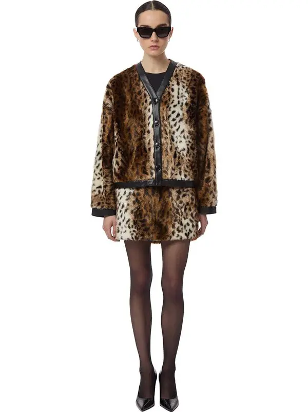 Apparis Shaved Leopard Faux Fur Coatigan - Noir/leopard Mlti