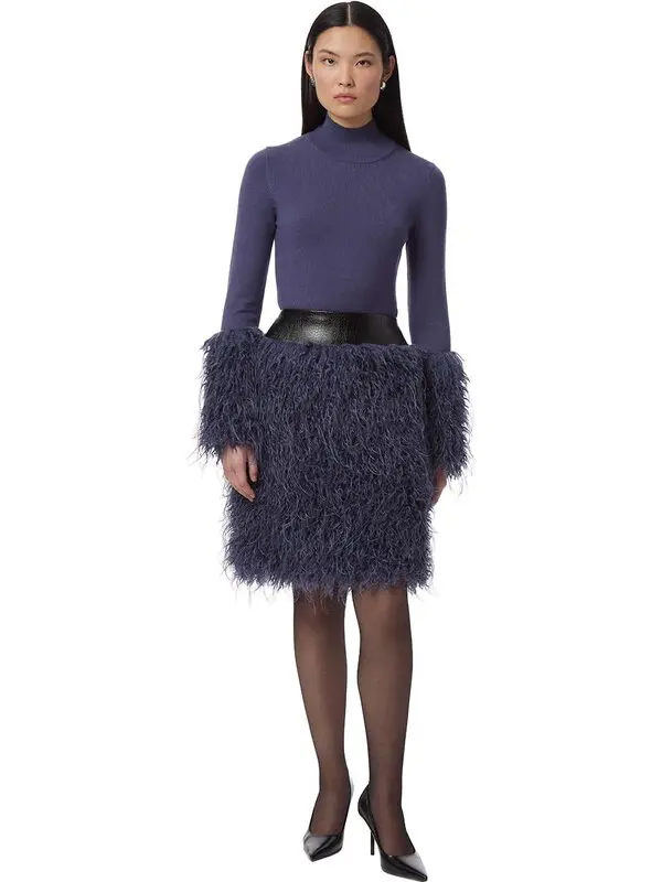 Apparis Faux Fur Midi Skirt With Faux Croc Leather Trim - Noir Croc/steel Blue