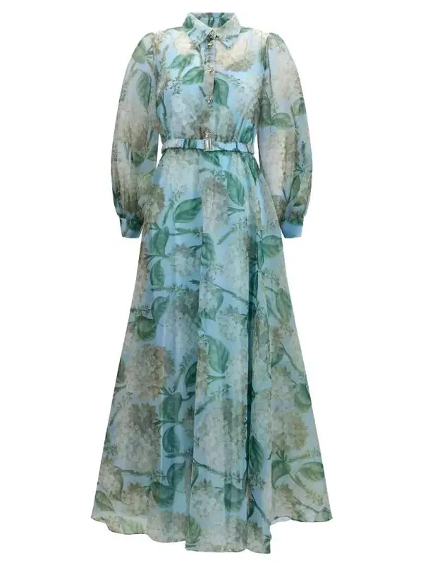 NISSA Belted Floral Maxi Dress - Blue