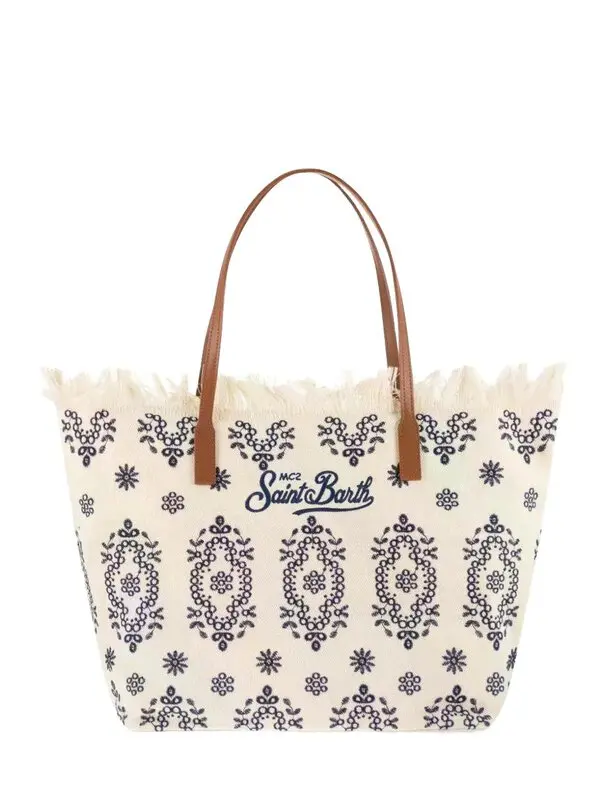 MC2 SAINT BARTH Embroidered Frayed-edge Tote Bag - Neutrals