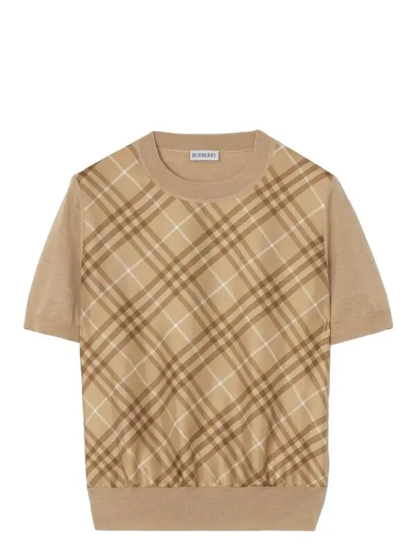 Burberry Check Panel Wool Silk T-shirt - Camel