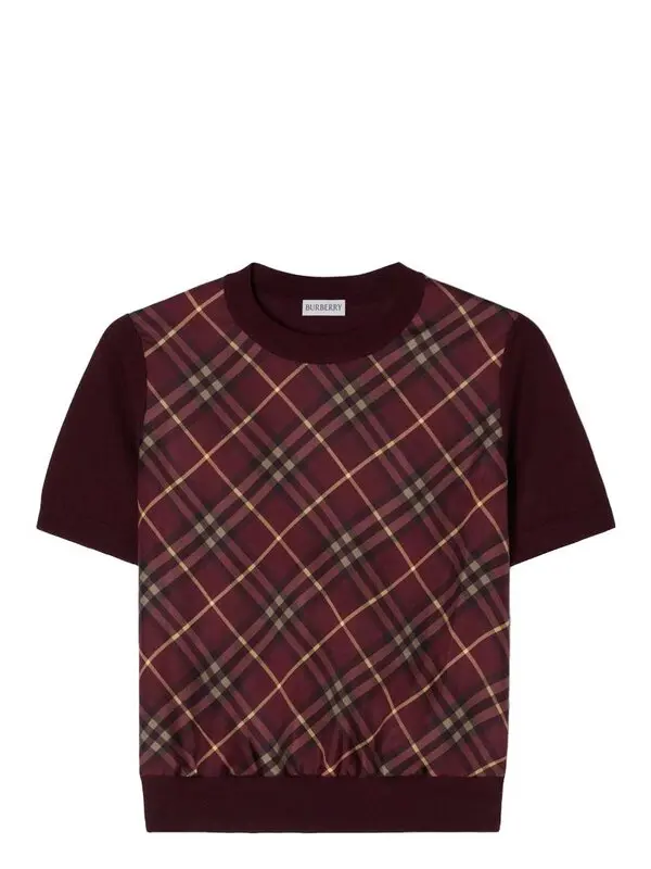 Burberry Check Panel Wool Silk T-shirt - Vineyard Red