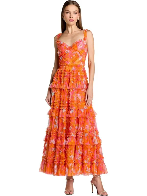 Mac Duggal Floral Ruffle A-line Maxi Dress - Orange Multi