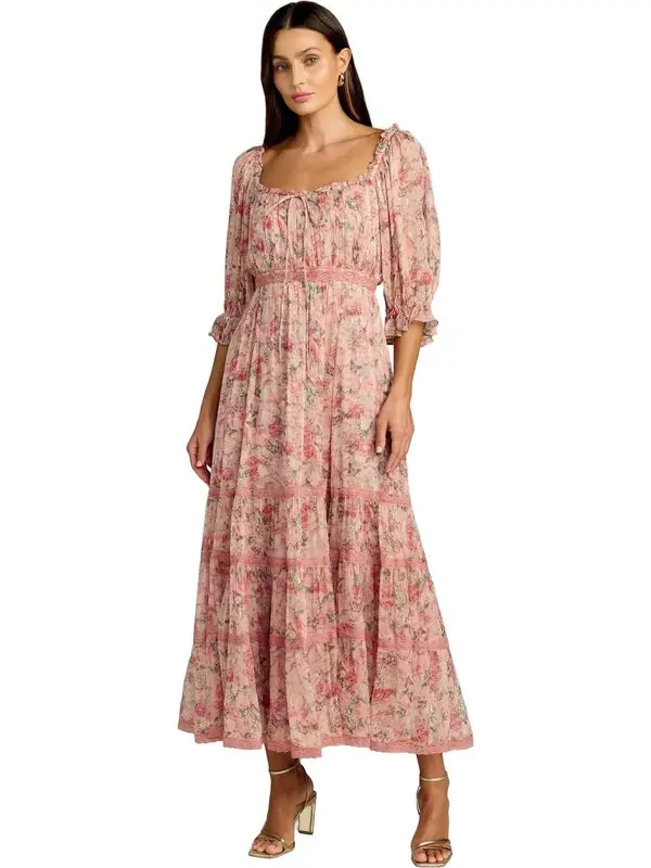 Mac Duggal Floral Print Midi Dress With 3/4 Sleeves - Pink Multi