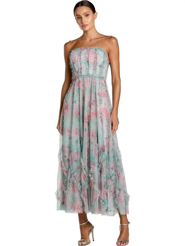 Mac Duggal Strapless Floral Ruffled Maxi Dress - Blue