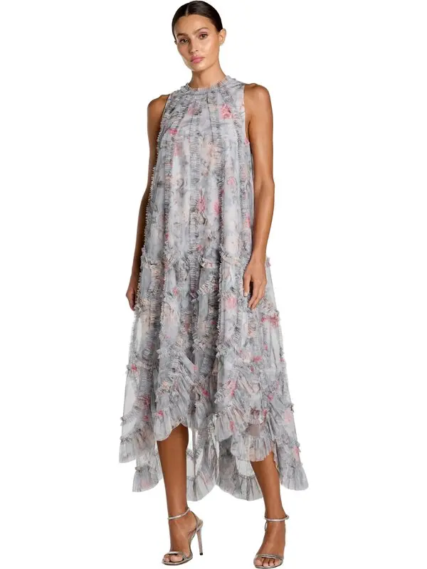 Mac Duggal Floral Ruffle High Neck Midi Dress - Pearl Grey