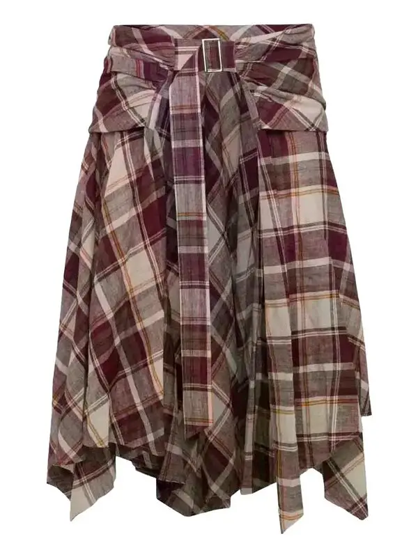 MARBELL Check-pattern Asymmetric Skirt - Red