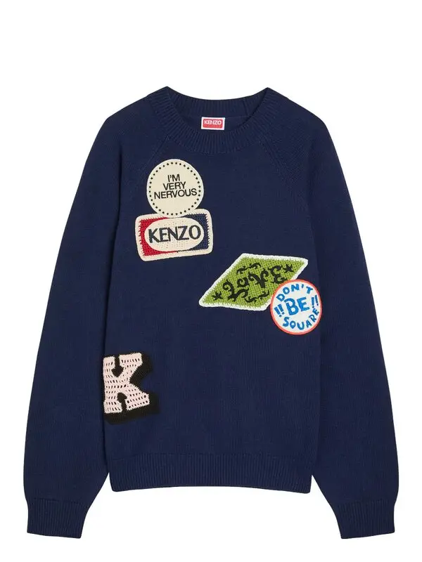 Kenzo Badges Appliquéd Cotton And Wool-blend Jumper - Navy