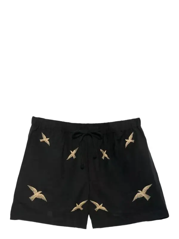 BAZISZT Bird-embroidered Drawstring Shorts - Black