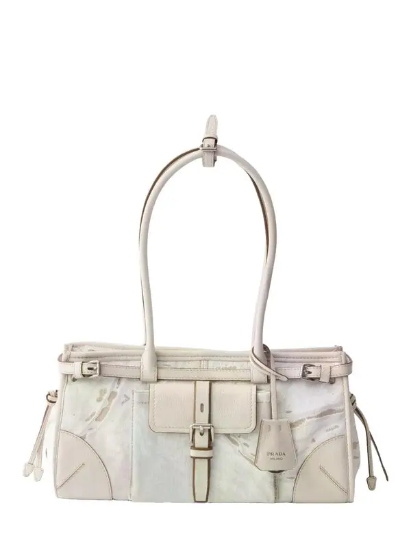 Prada Bonnie Medium Printed Linen And Leather Handbag - Neutrals