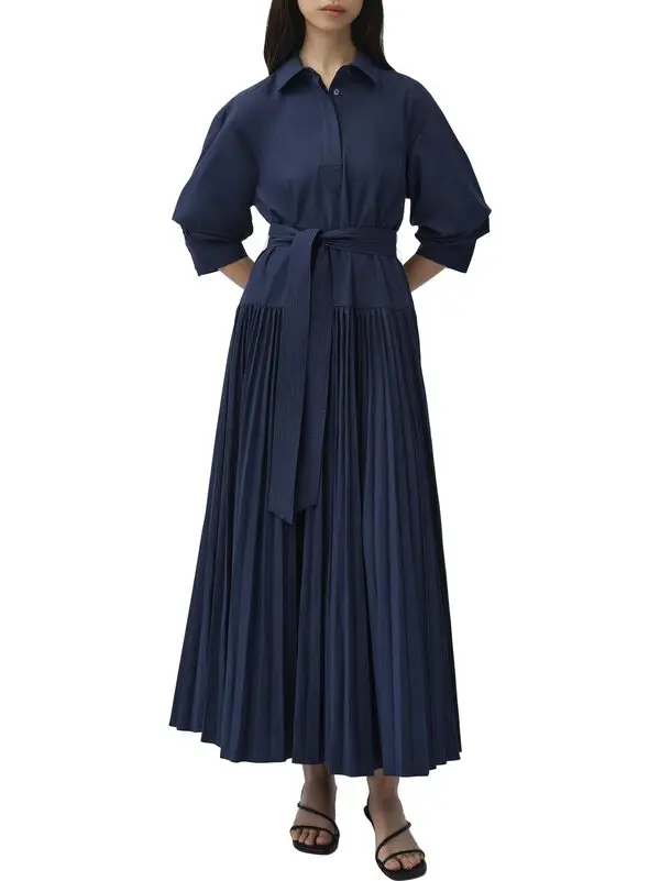 Simkhai Arlo Belted Pleated Maxi Shirt Dress - Blue
