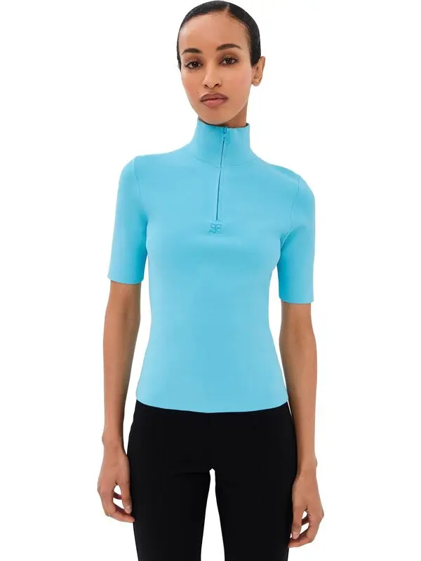 COURREGES Zipped Mockneck Knit Top - Aqua