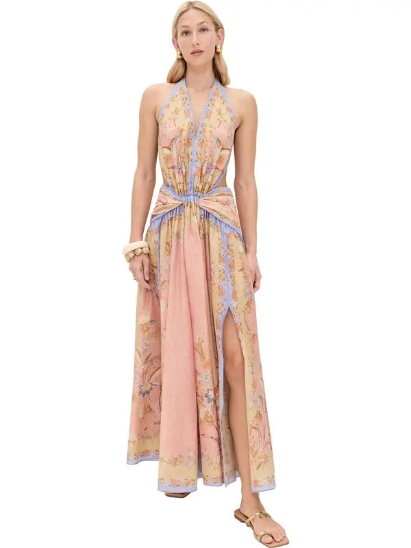 Zimmermann Indra Plunge Halter Maxi Dress - Pink Scarf Floral