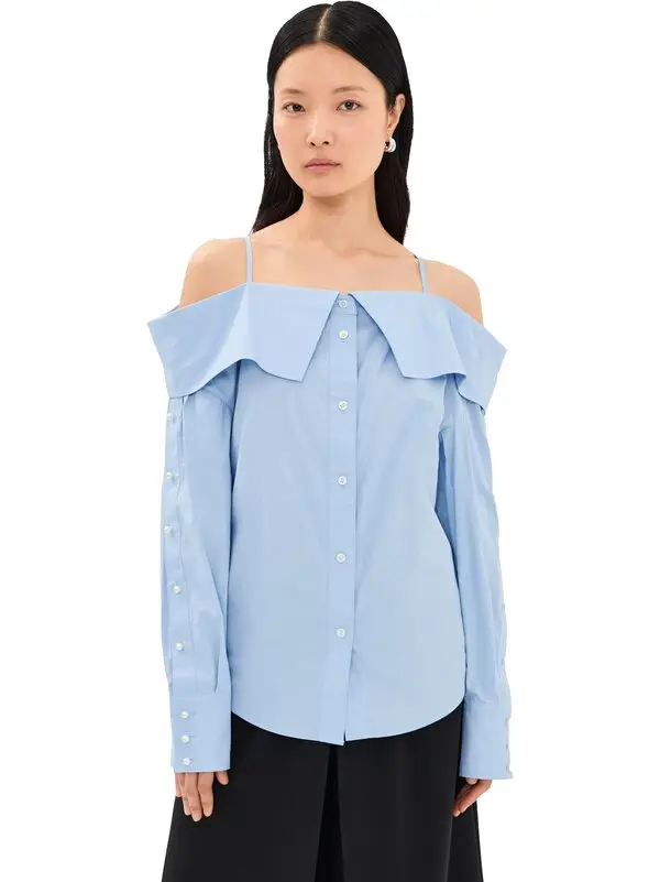 FRENKEN Off-shoulder Shirt With Pearl Button Detail - Light Blue