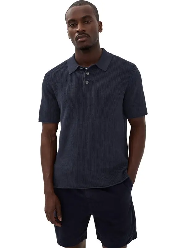 ALEX MILL Eastwood Polo In Cotton Linen - Dark Navy