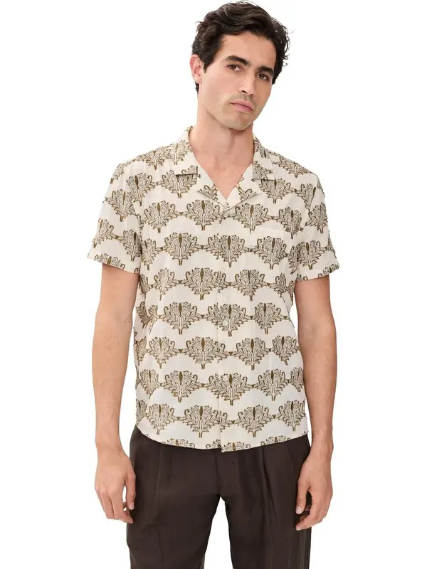 Billy Reid Short Sleeve Botanical Jacquard Camp Shirt - Tinted White/olive