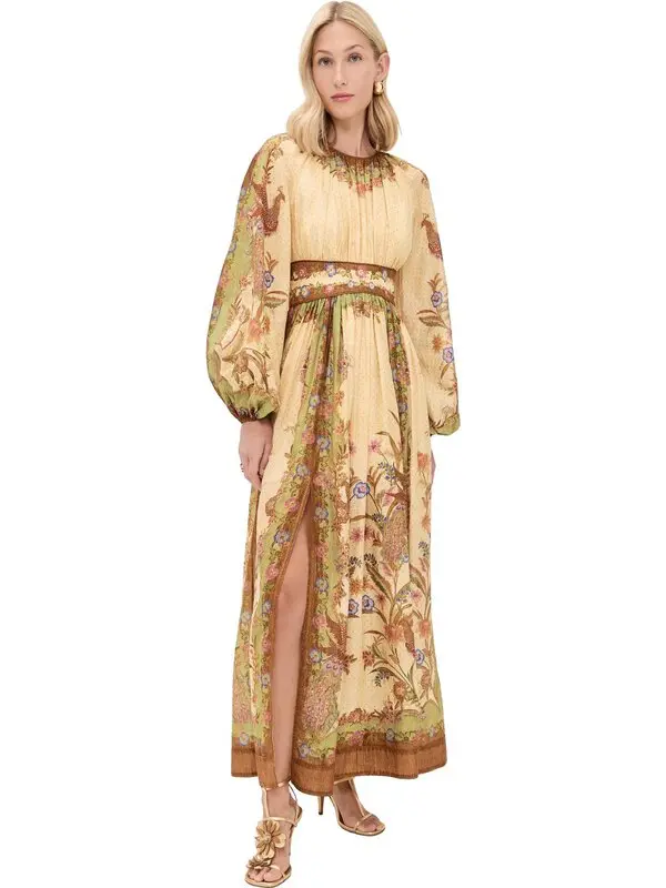 Zimmermann Indra Waisted Maxi Dress - Cream Khaki Scarf Floral