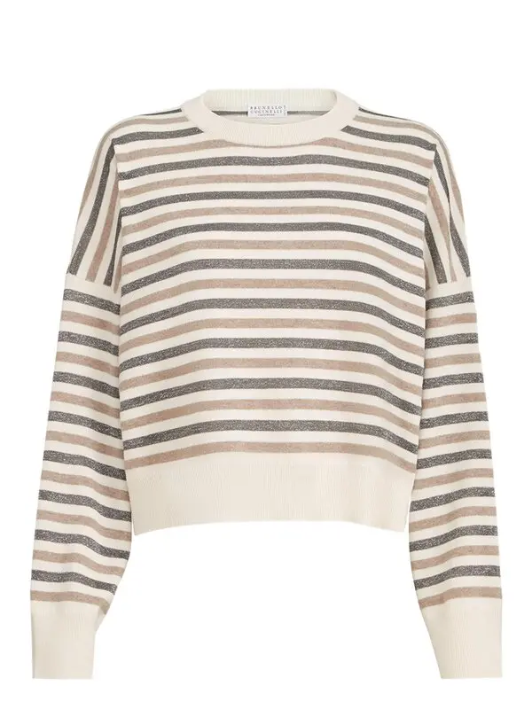 Brunello Cucinelli Wool Cashmere Silk Stripe Sweater - White