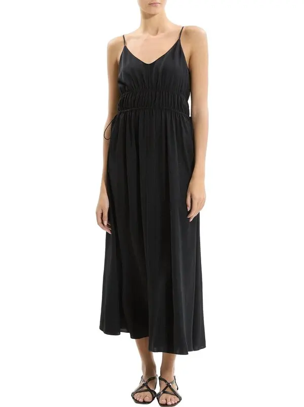 Theory Gathered V-neck Dress In Washed Twill - Black