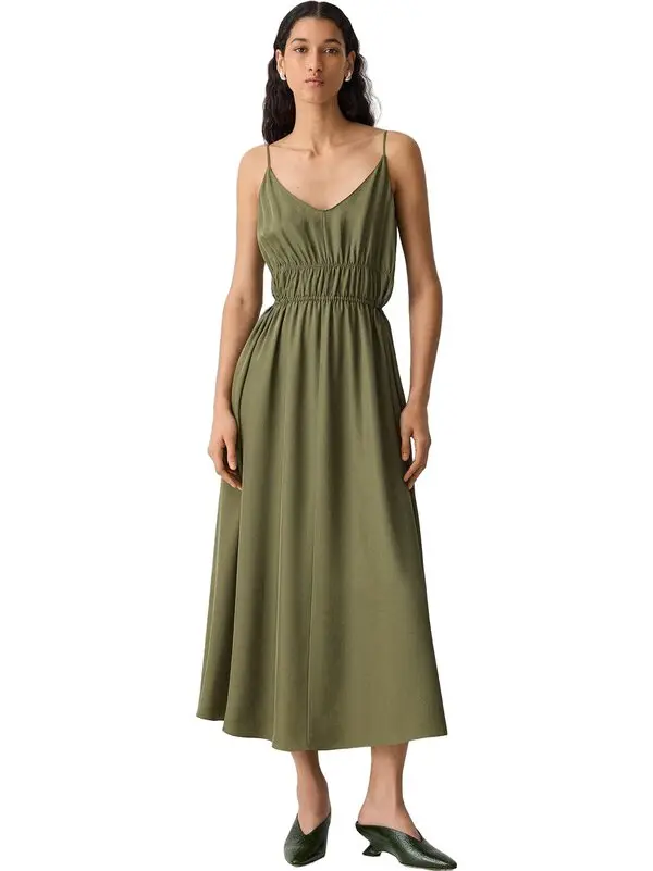 Theory Gathered V-neck Dress In Washed Twill - Forest Moss