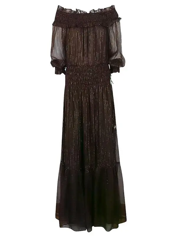 SELF-PORTRAIT Georgette Metallic-thread Shirred Maxi Dress - Brown