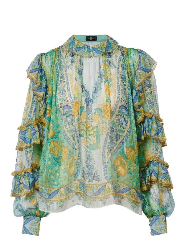 Etro Floral Ruffled Silk Blouse - Green