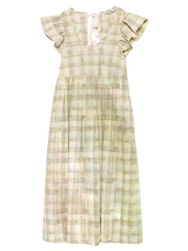 LEE MATHEWS Check-pattern Ruffled-sleeve Maxi Dress - Green