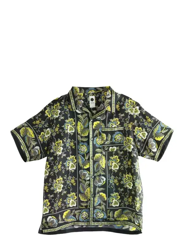 VOWELS Floral-print Short-sleeve Scarf Shirt - Black