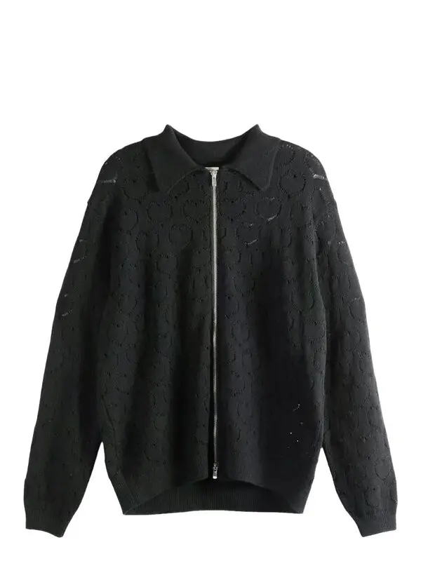 VOWELS Eyelet Heart-motif Pointelle-knit Jacket - Black