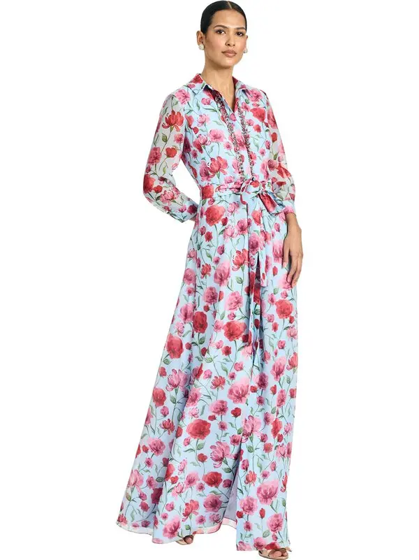 Sachin & Babi Addison Printed Organza Gown - Sky Poppies