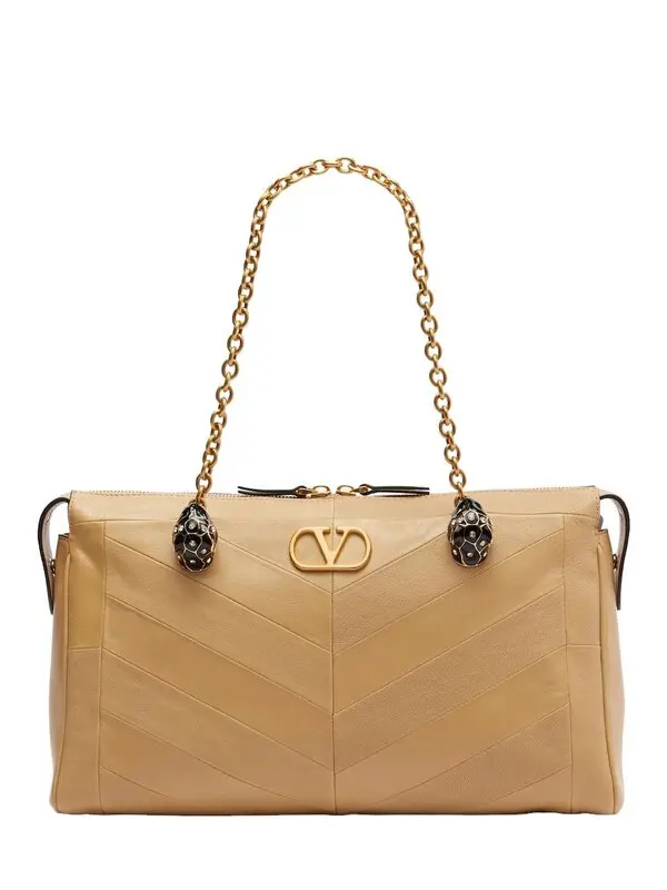 Valentino Garavani Panthea Vlogo Leather Shoulder Bag - Beige