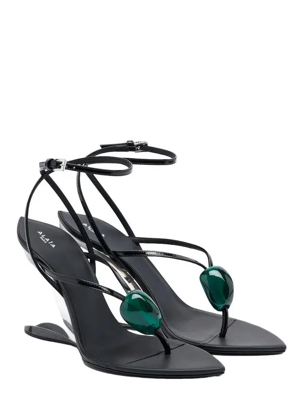 Alaïa Invisible Leather Wedge Thong Sandals - Black