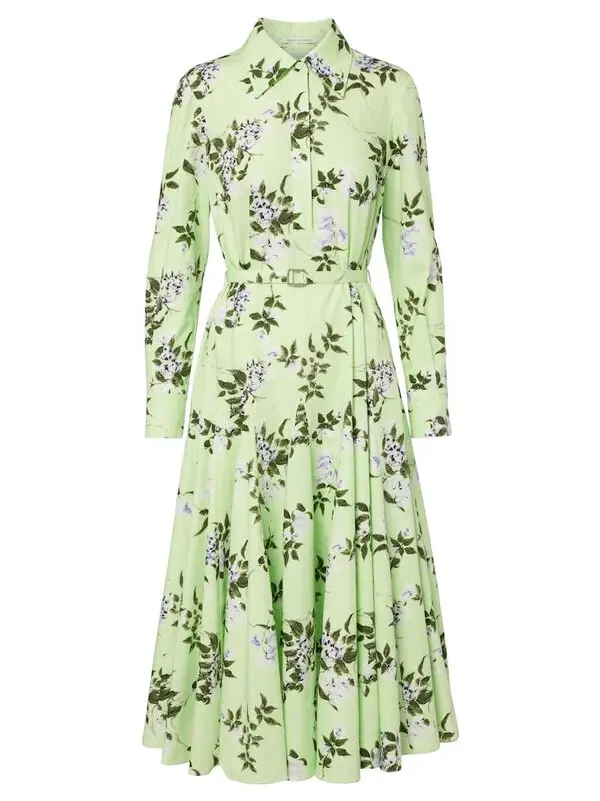 EMILIA WICKSTEAD Marione Floral Belted Cotton Shirt Dress - Green