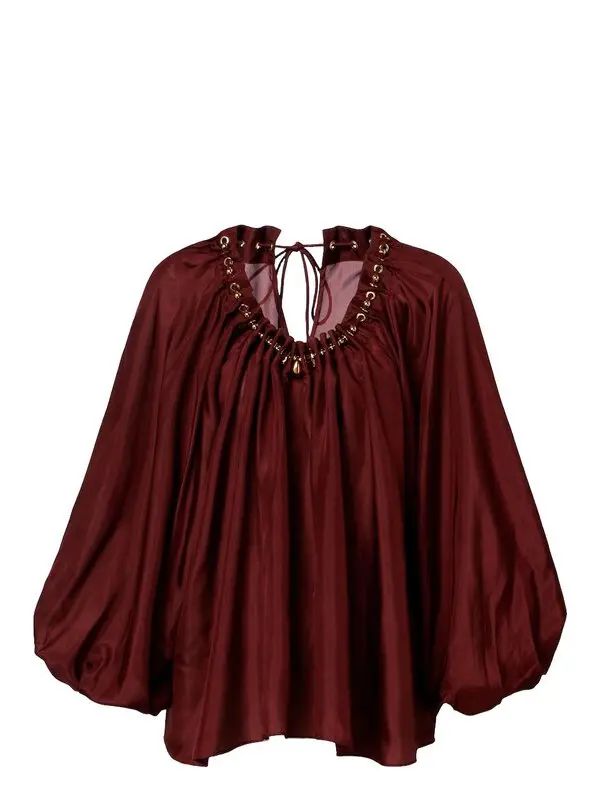 Zimmermann Aster Asymmetric Beaded Silk Habotai Blouse - Burgundy