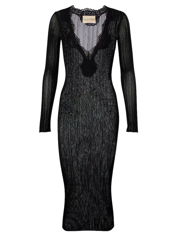 Valentino Garavani Ribbed-knit Midi Dress With Lace Detail - Black