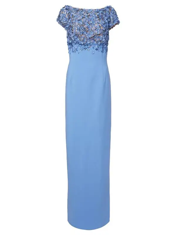 Oscar De La Renta Porcelain Flower Embellished Wool-blend Gown - Blue