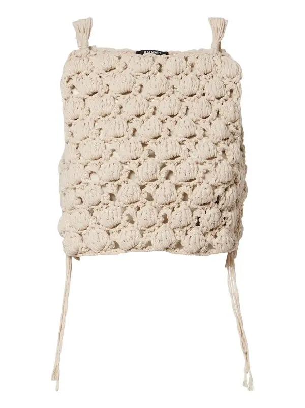 Balmain Crochet Cotton Crop Top - Beige
