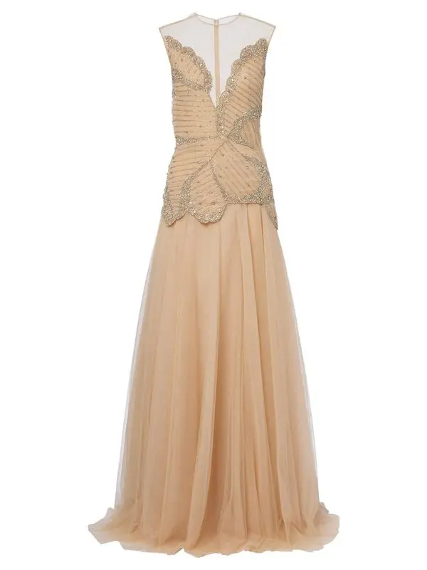 Costarellos Arabella Embellished Tulle Gown - Beige