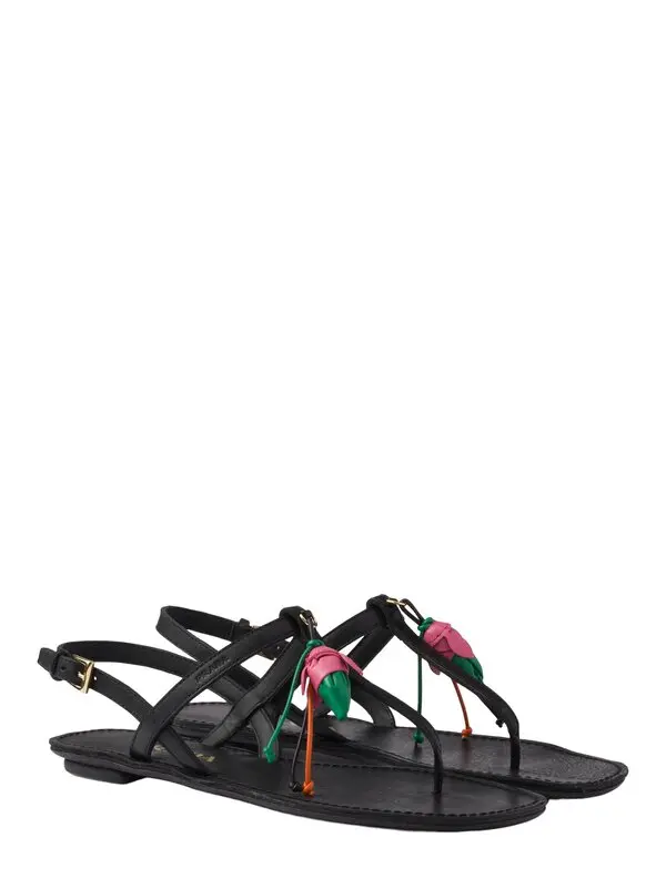 Prada Antiqued Leather Thong Sandals With Floral Ornament - Black
